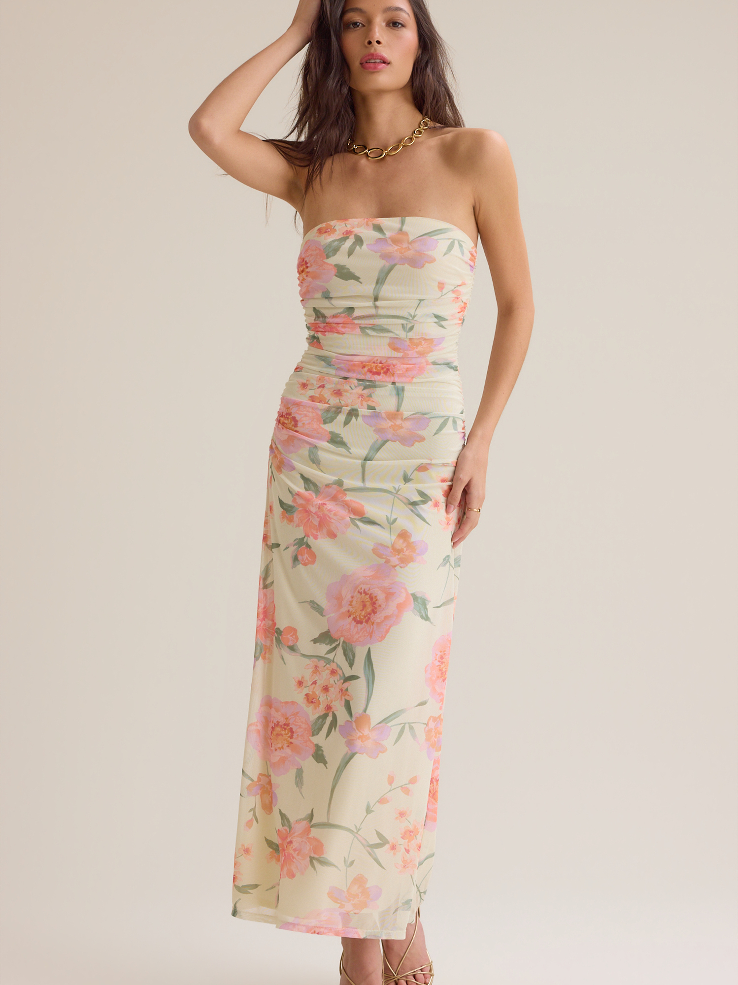 Ava Strapless Maxi Dress in Yellow & Pink | Altar'd State