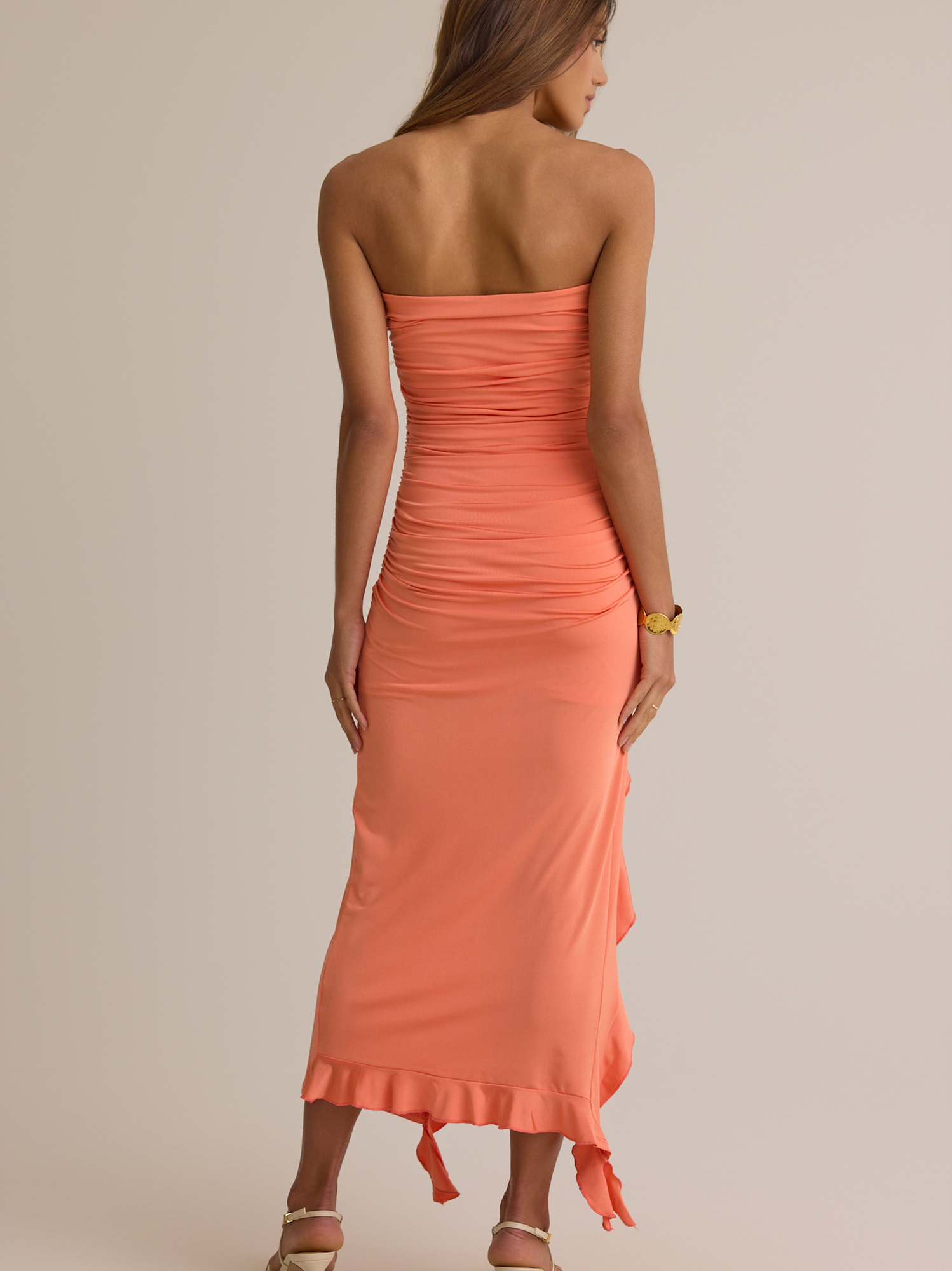 Kailen Strapless Ruffle Dress in Peach | Altar'd State