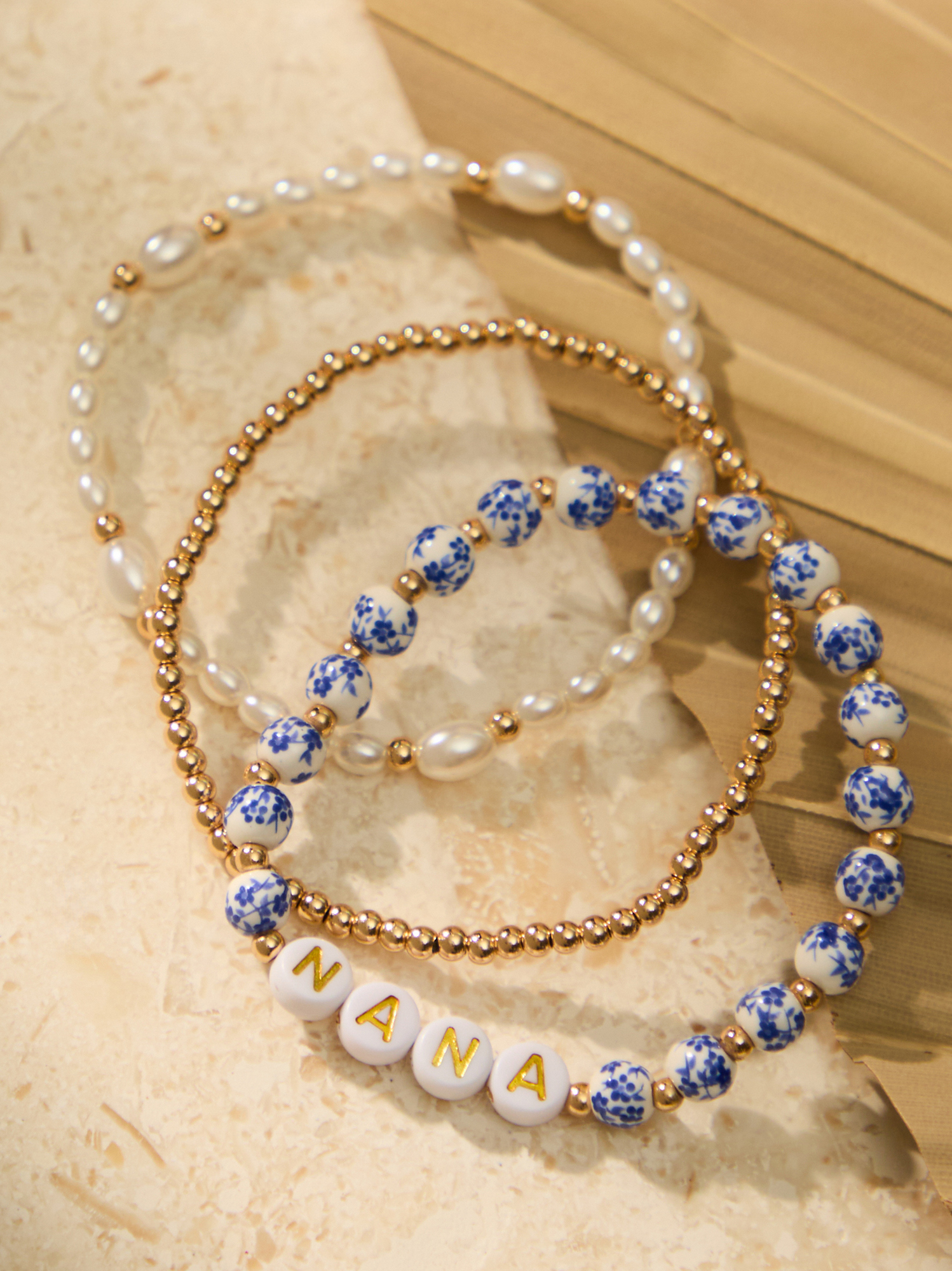 Nana Painted Bead Bracelet Set in Blue & Gold | Altar'd State