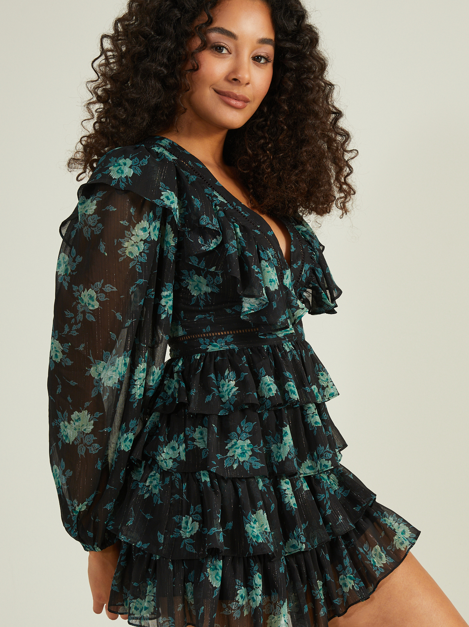 Maisley Ruffle Floral Dress in Dark Green | Altar'd State
