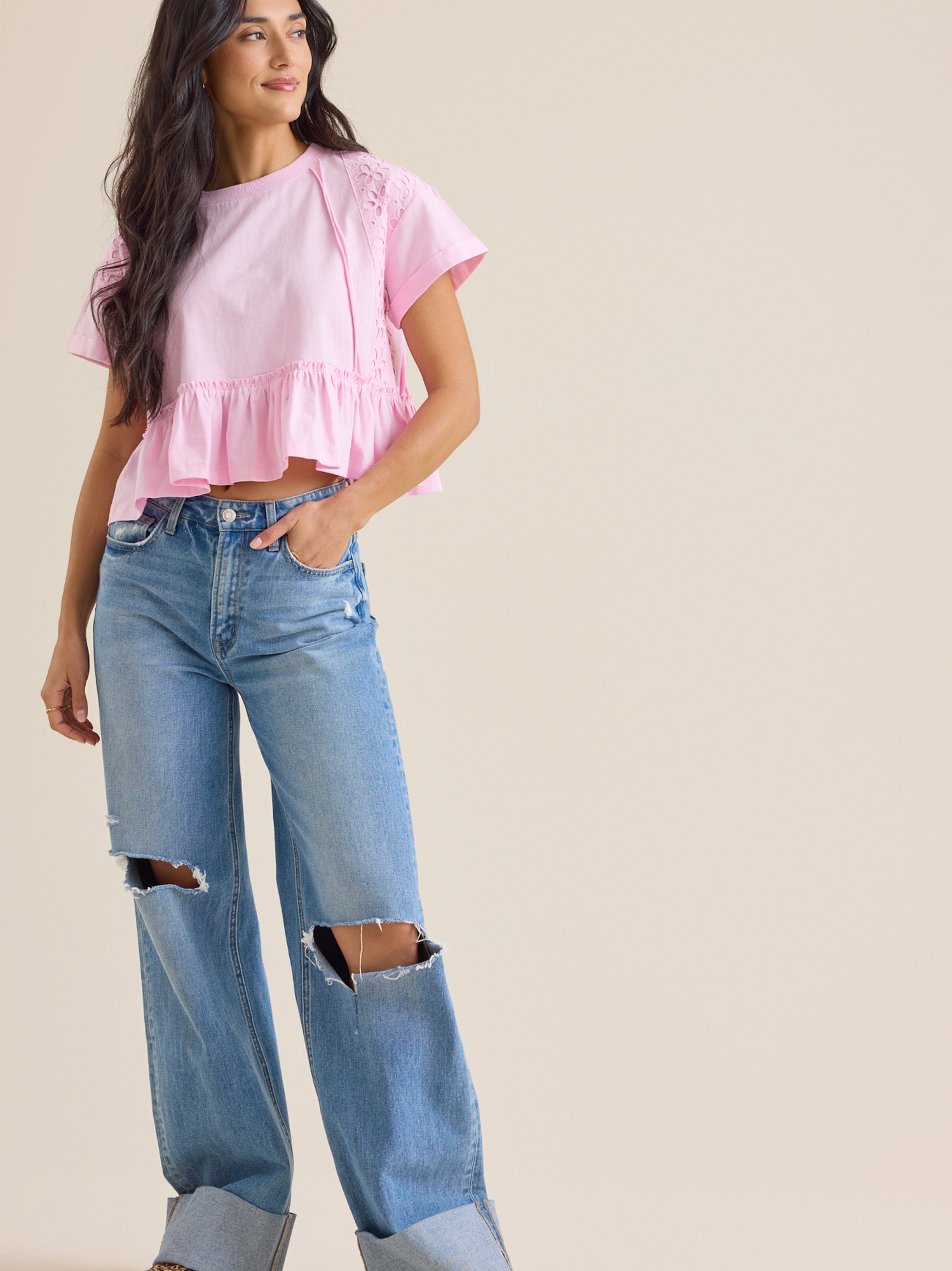 Avery Eyelet Babydoll Top in Pink | Altar'd State