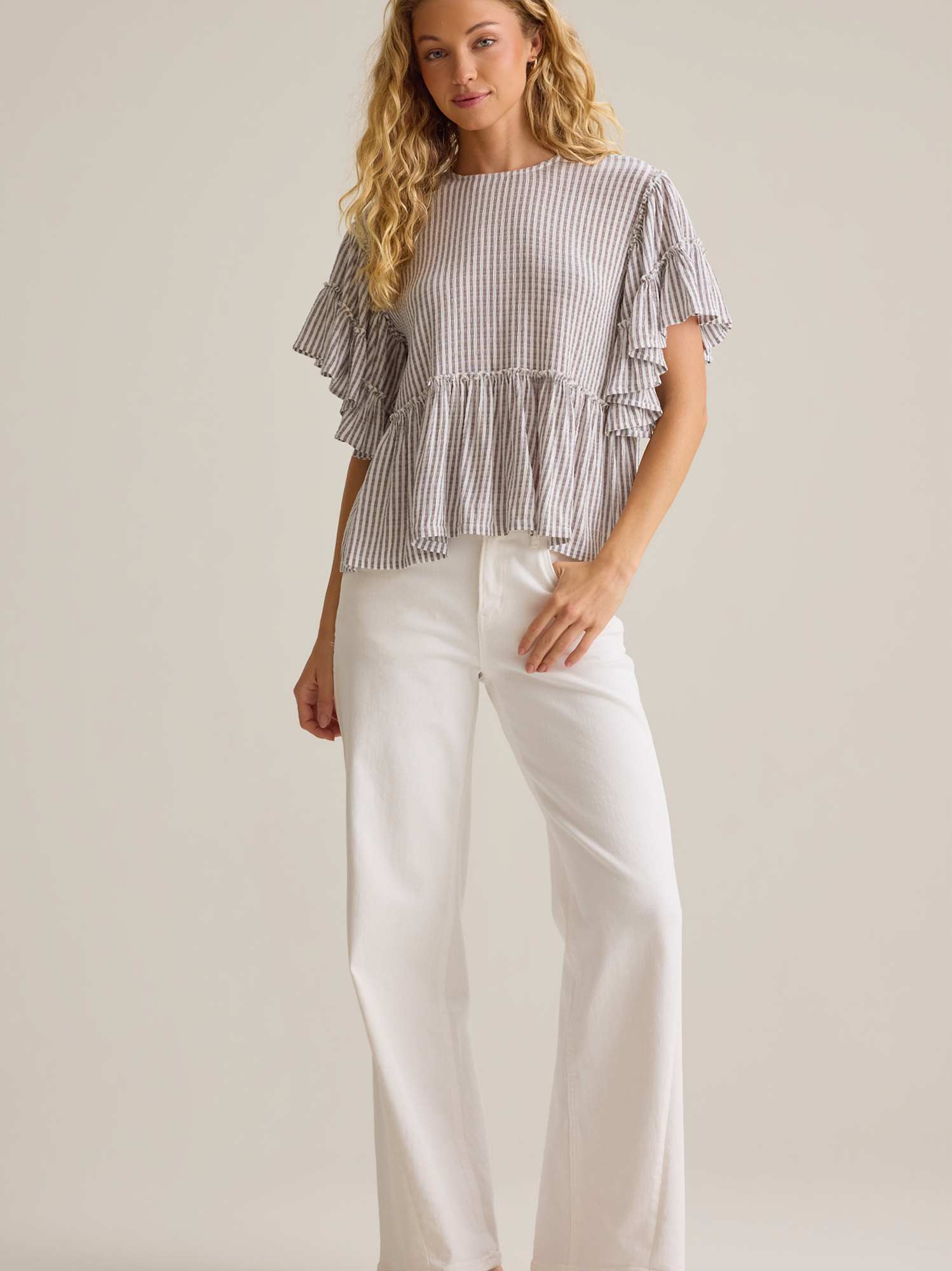 Rebecca Striped Ruffle Top in Ivory & Brown | Altar'd State