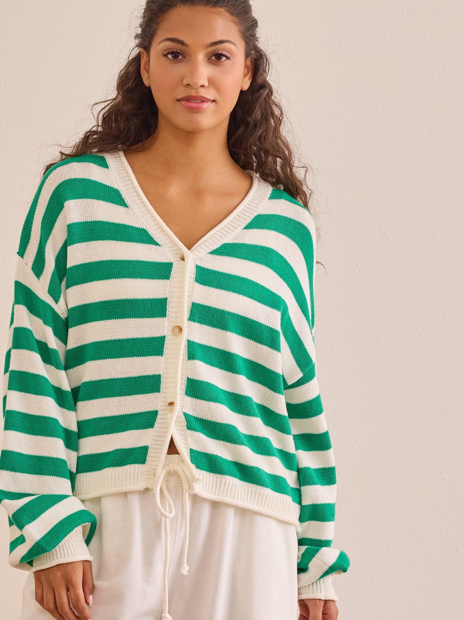 Serve Stripe Button Up Cardigan in Ivory & Green | Altar'd State