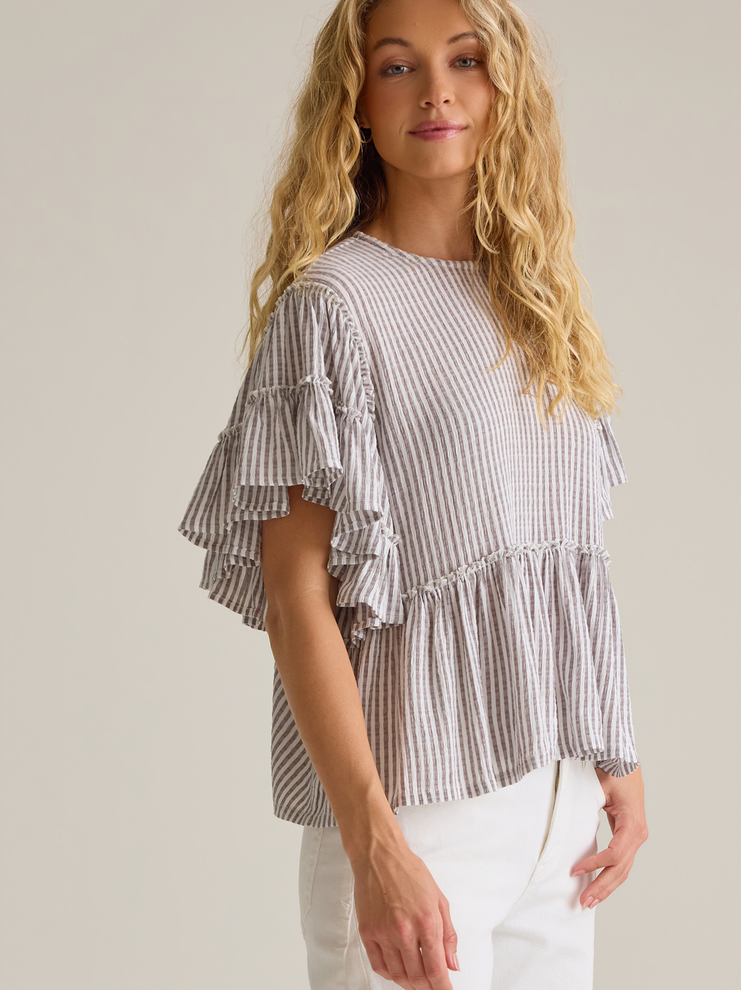 Rebecca Striped Ruffle Top in Ivory & Brown | Altar'd State