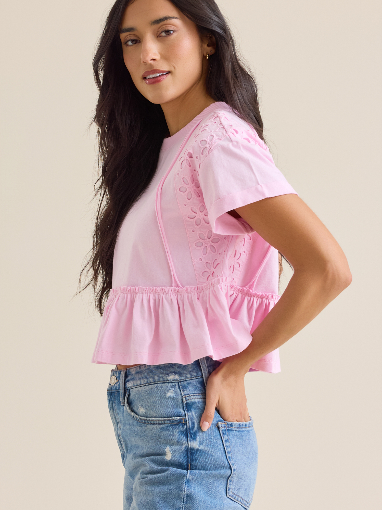 Avery Eyelet Babydoll Top in Pink | Altar'd State