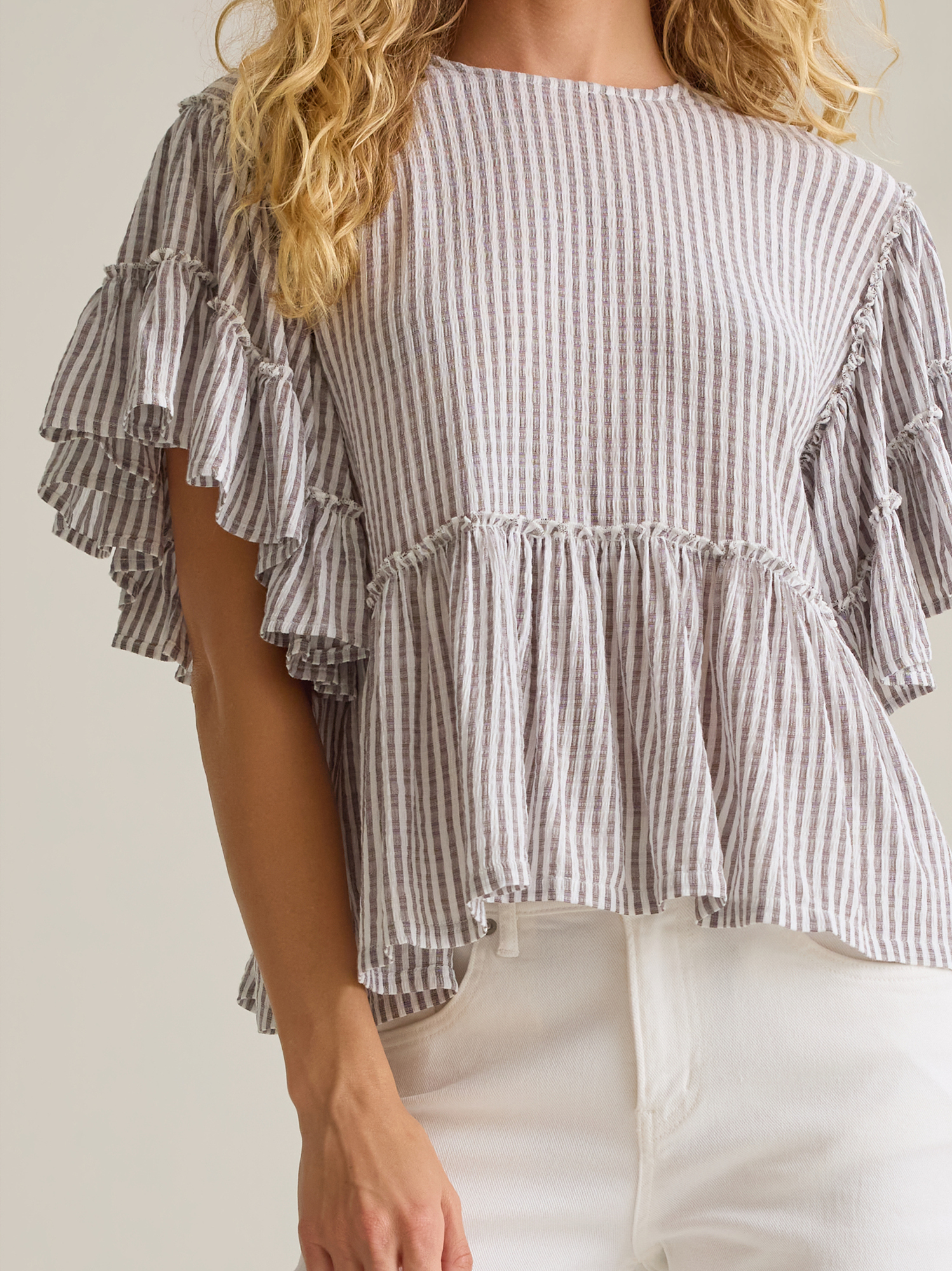 Rebecca Striped Ruffle Top in Ivory & Brown | Altar'd State