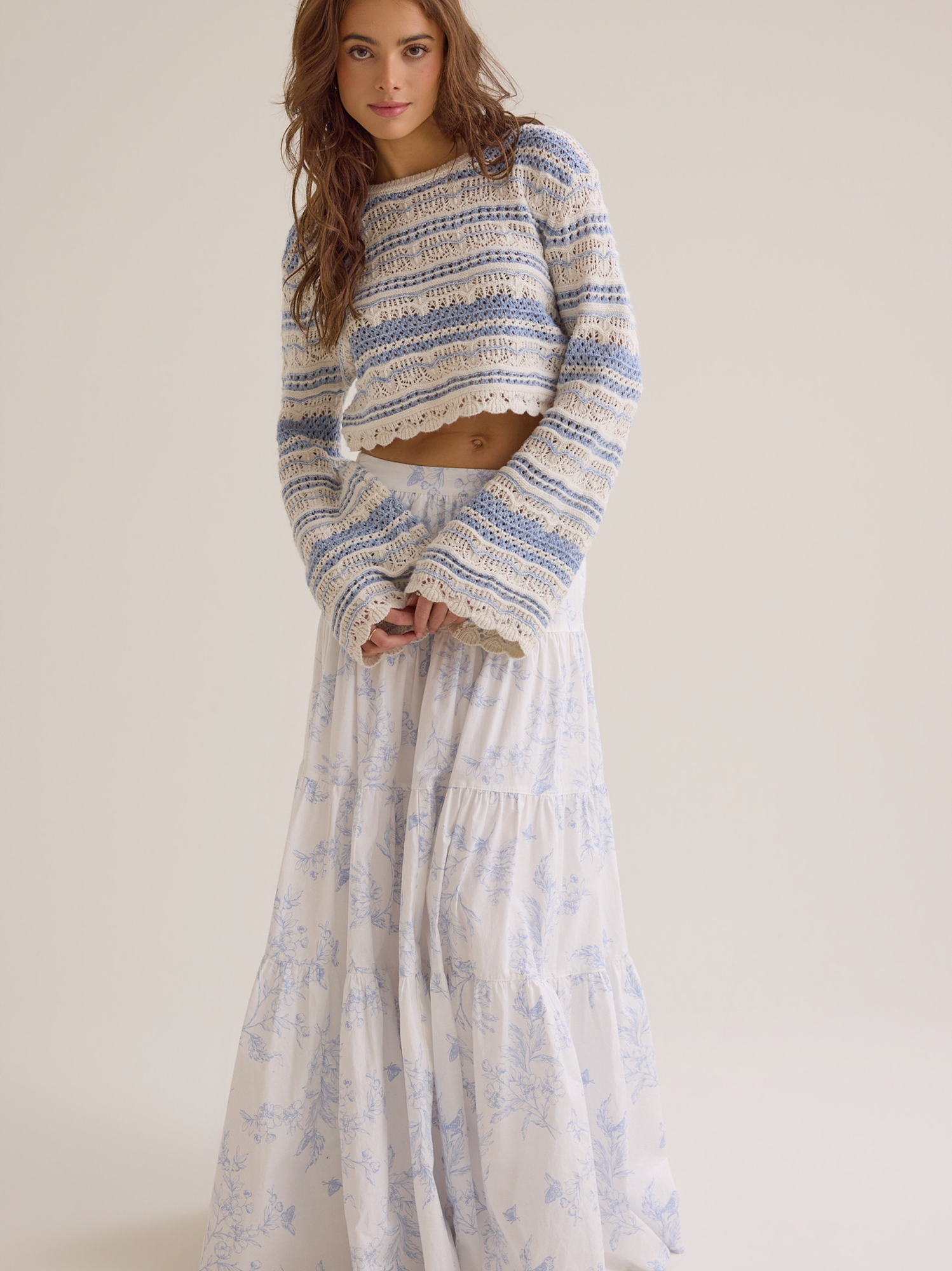 Catherine Floral Midi Skirt in Ivory & Blue | Altar'd State