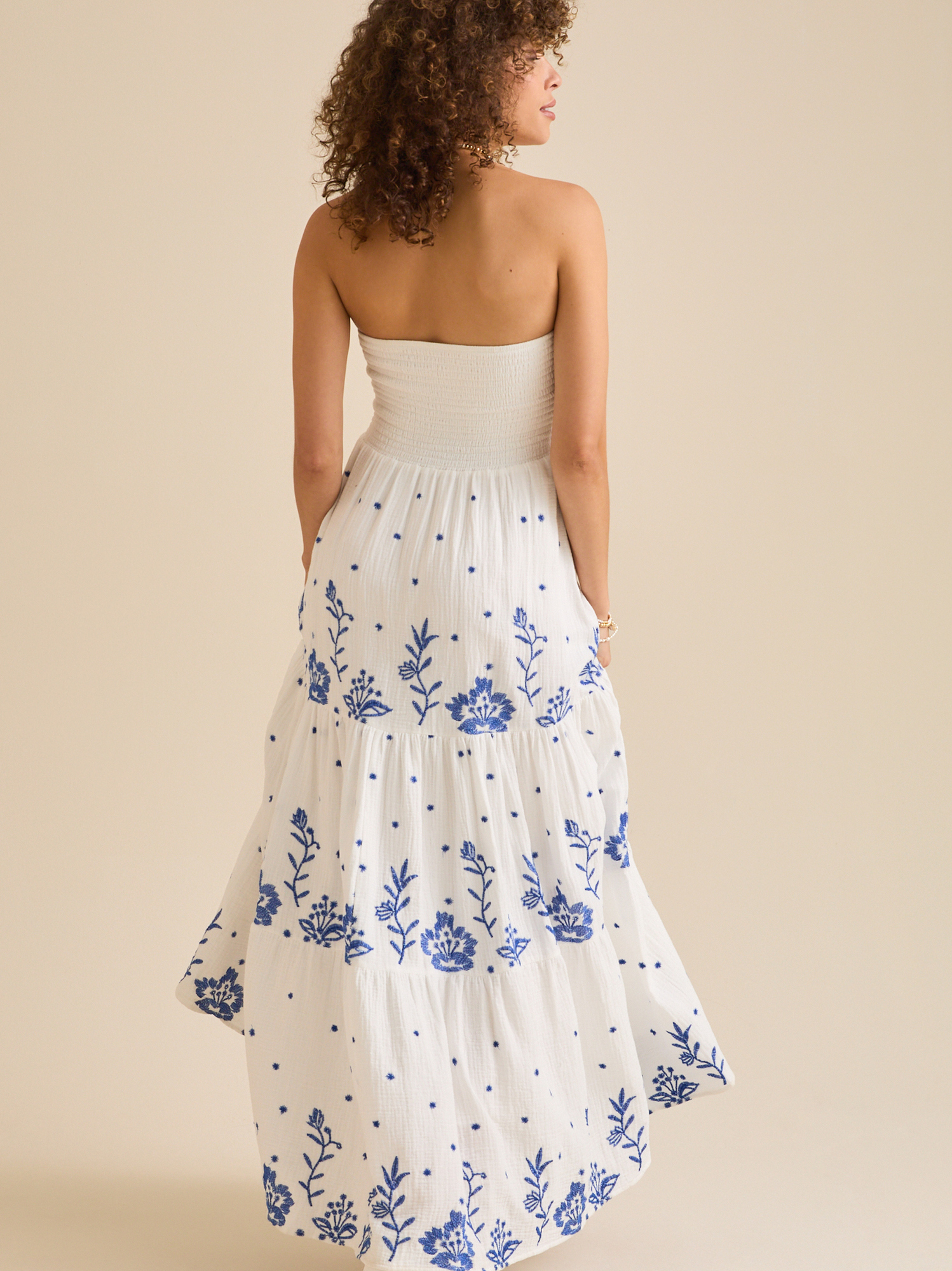 Melanie Strapless Maxi Dress in White & Blue | Altar'd State