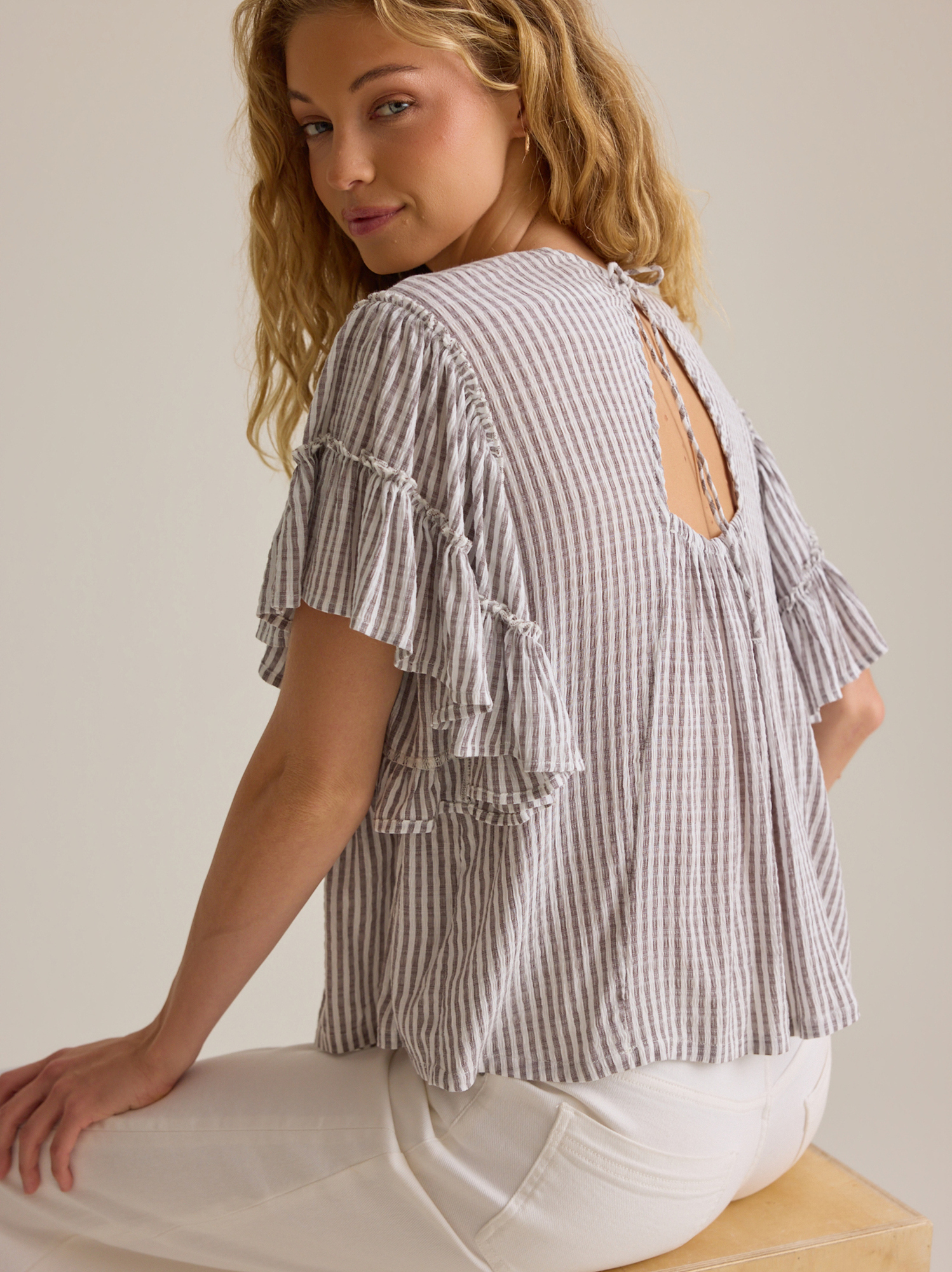 Rebecca Striped Ruffle Top in Ivory & Brown | Altar'd State