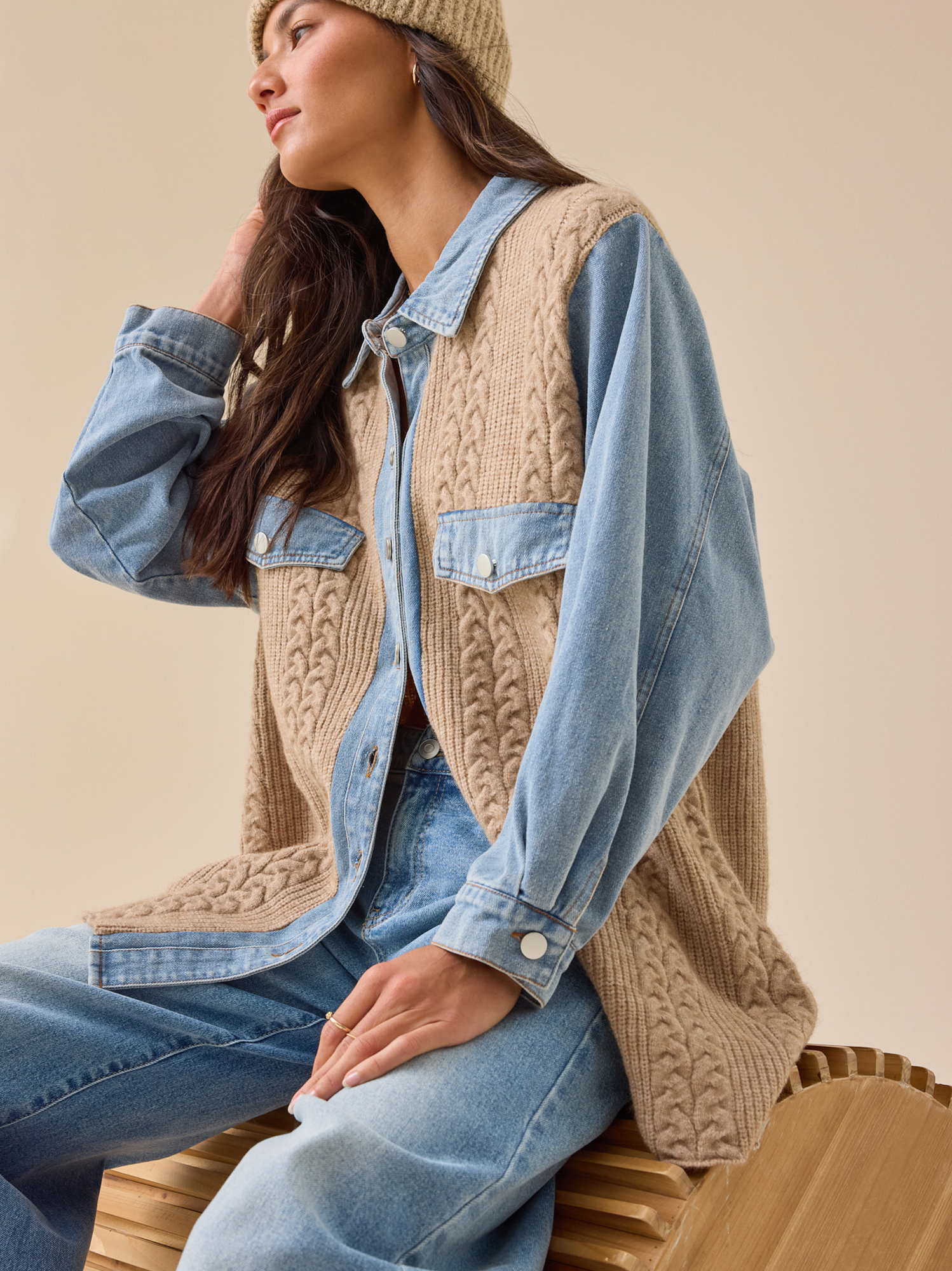 Wilma Mixed Button-Up in Tan | Altar'd State