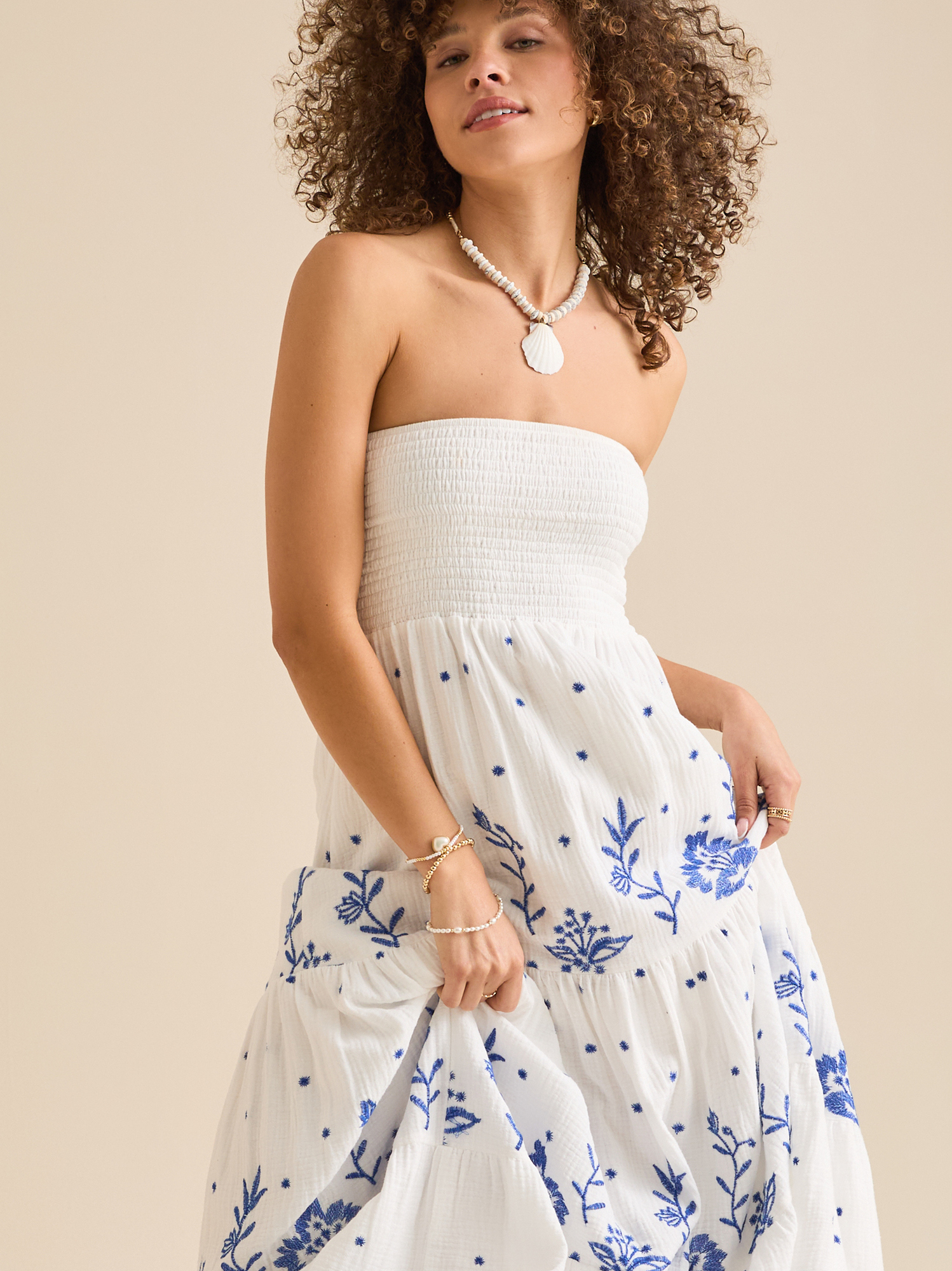 Melanie Strapless Maxi Dress in White & Blue | Altar'd State