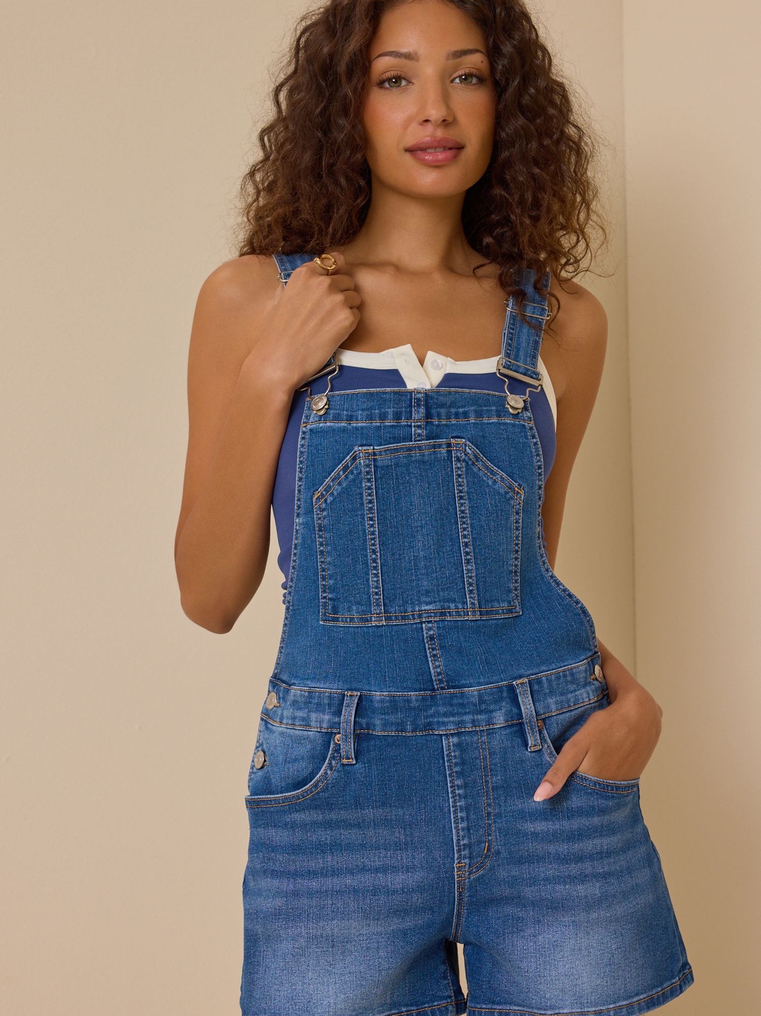 Saphira Denim Shortalls in Medium Wash | Altar'd State
