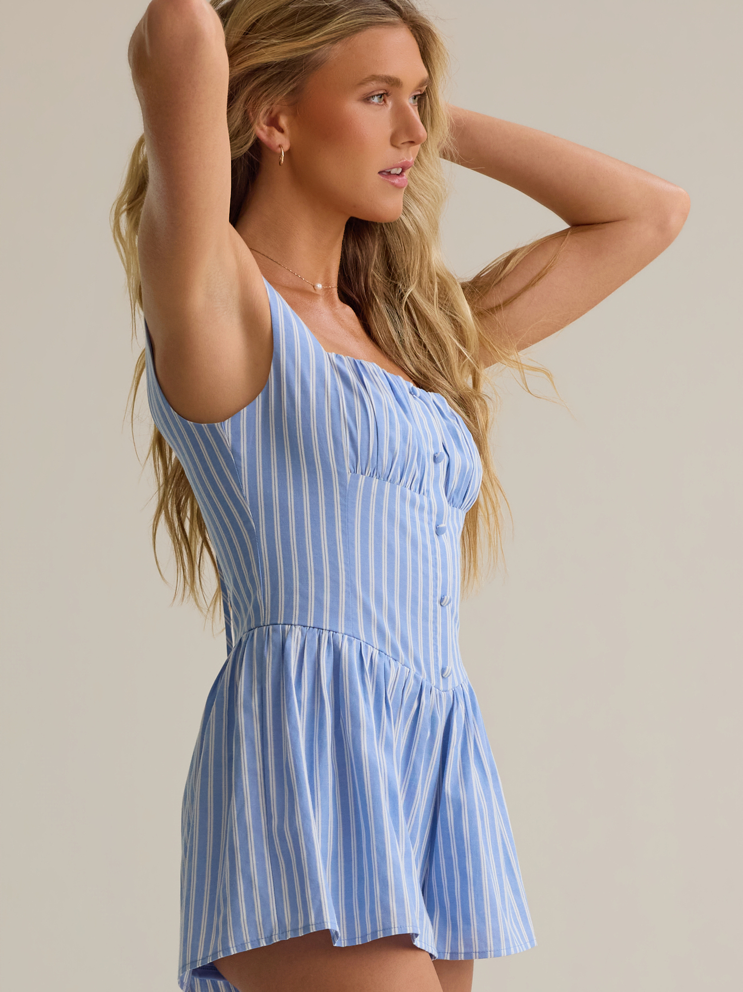 Nia Stripe Button Romper in Blue & Ivory | Altar'd State