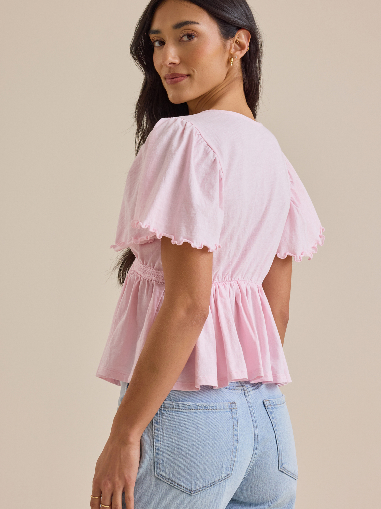 Nia Crochet Babydoll Tee in Light Pink | Altar'd State