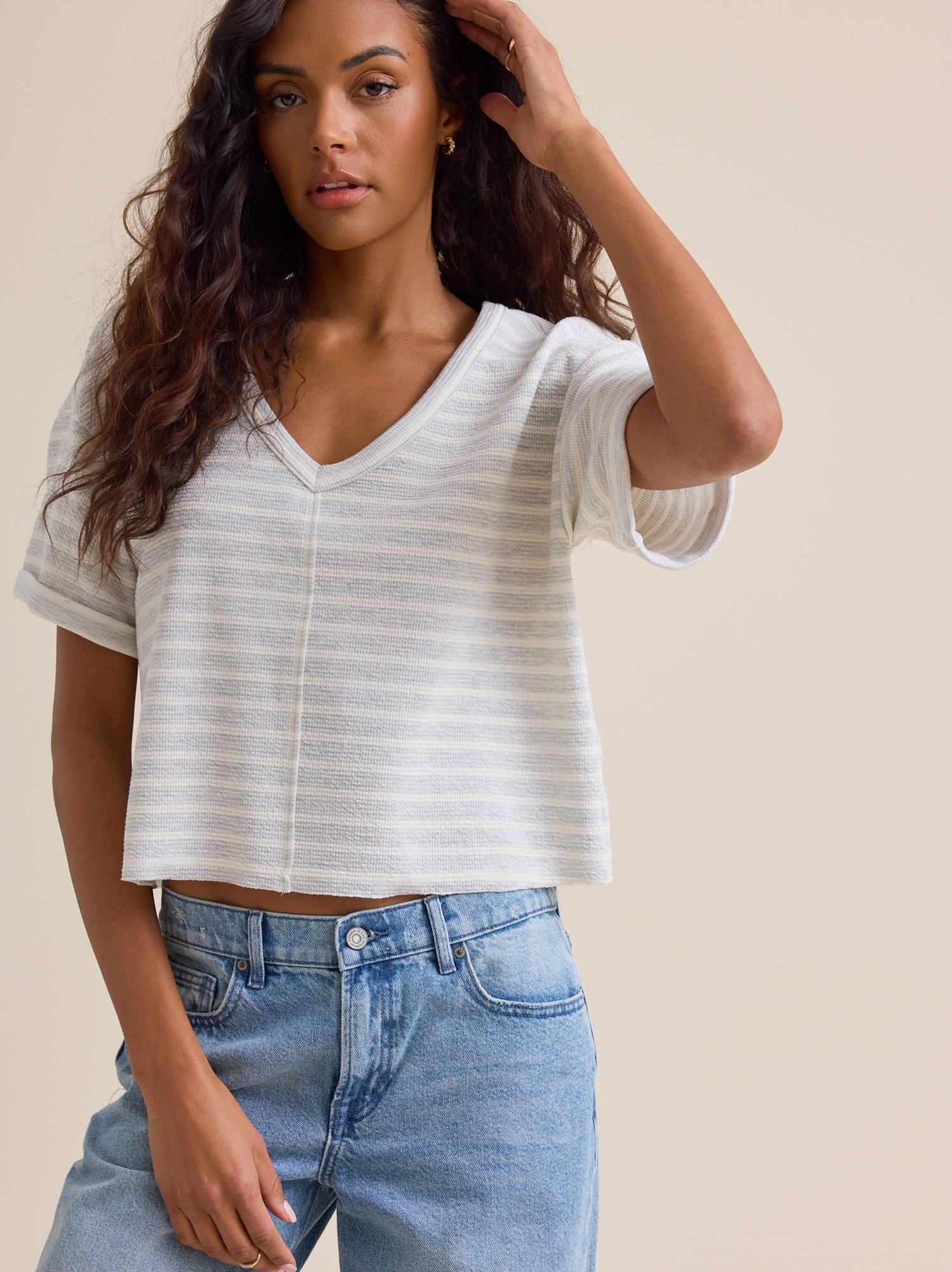 Sheridan V-Neck Top in Grey/Cream | Altar'd State