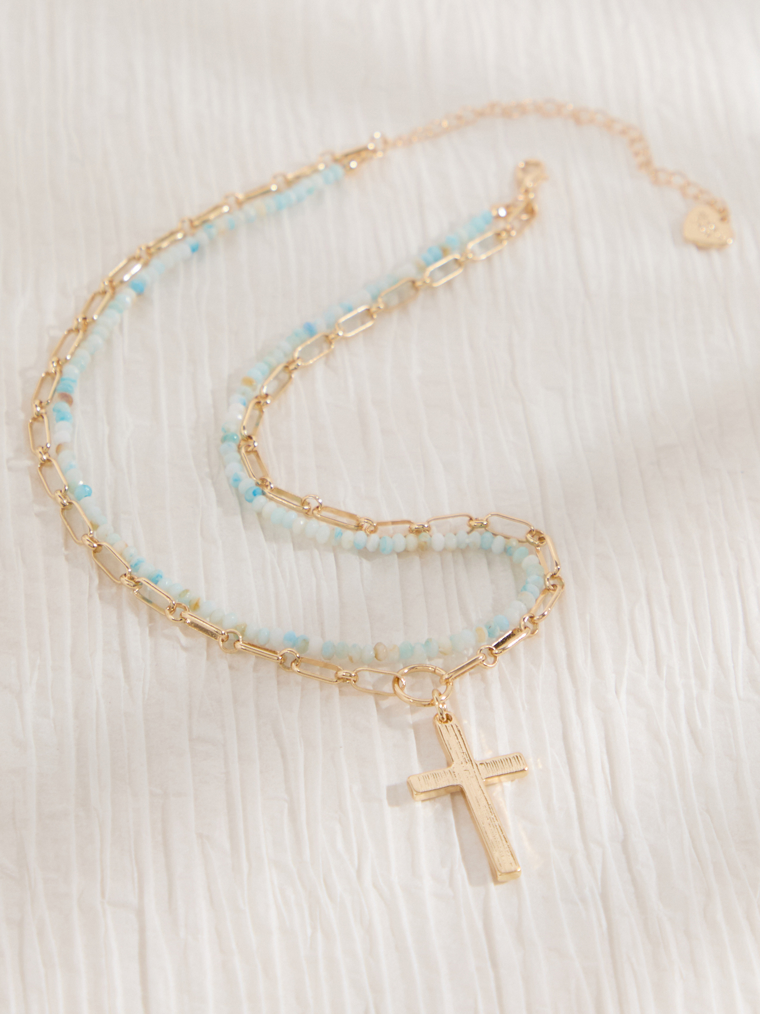 Chelsea Cross Beaded Blue Necklace in Gold | Altar'd State